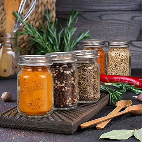 AOZITA 24 Pcs Glass Mason Spice Jars/Bottles - 4oz Empty Spice Containers with Spice Labels - Shaker Lids and Airtight Metal Caps - Silicone Collapsible Funnel Included