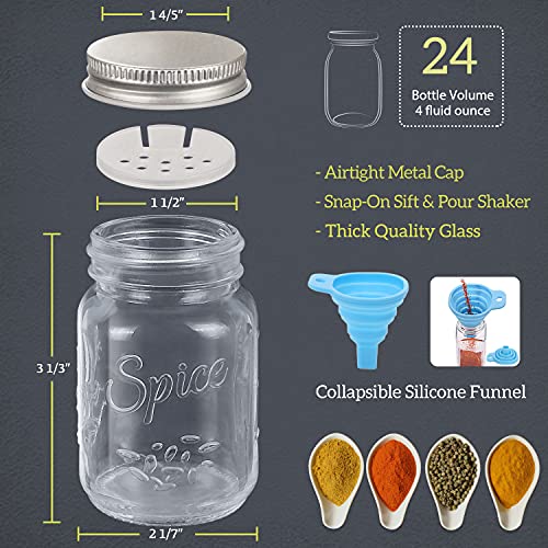 AOZITA 24 Pcs Glass Mason Spice Jars/Bottles - 4oz Empty Spice Containers with Spice Labels - Shaker Lids and Airtight Metal Caps - Silicone Collapsible Funnel Included