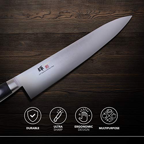 JCK ORIGINAL Kagayaki Japanese Chef’s Knife, KG-5ES Professional Gyuto Knife, VG-1 High Carbon Japanese Stainless Steel Pro Kitchen Knife with Ergonomic Pakka Wood Handle, 7 inch