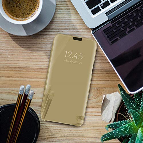 IMIRST for Redmi Note 9s Case Luxury Bookstyle Clear View Window Electroplate Stand Full Body Protective Flip Folio Slim Cover for Redmi Note 9 Pro Mirror:Golden QH