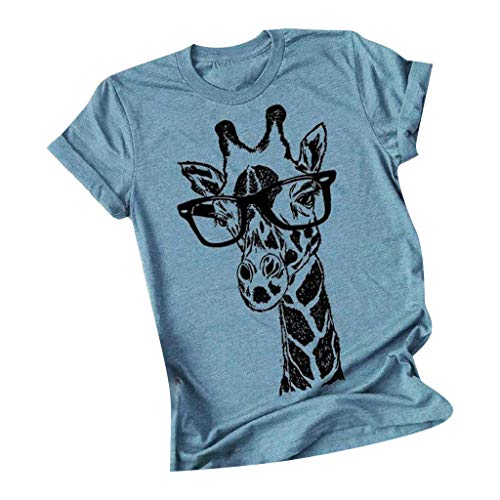 Women's T Shirt Animal Graphic Short Sleeve Summer Blouse Cute Giraffe Printed T-Shirt Tops Blue