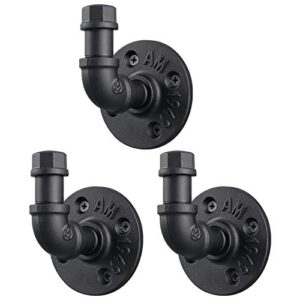 3 pack industrial style robe towel hook wall mounted metal iron pipe coat hanger hat holder bag rack for bathroom bedroom kitchen, rust free, black