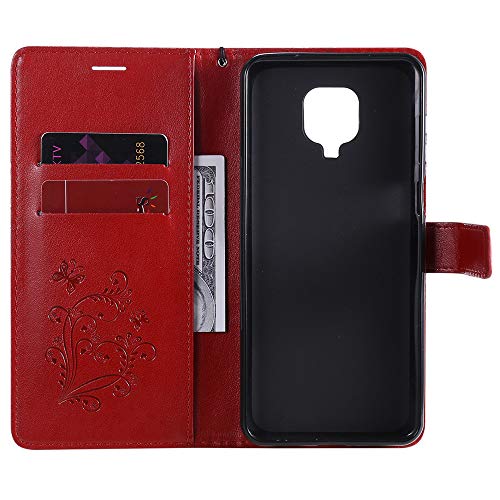 EMAXELER Redmi Note 9 Pro Case Shockproof PU Leather Retro Butterfly Embossed Wallet Flip Case Magnetic Stand with Card Slot Folio Cover for Xiaomi Redmi Note 9 Pro Butterfly Red KT