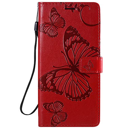 EMAXELER Redmi Note 9 Pro Case Shockproof PU Leather Retro Butterfly Embossed Wallet Flip Case Magnetic Stand with Card Slot Folio Cover for Xiaomi Redmi Note 9 Pro Butterfly Red KT