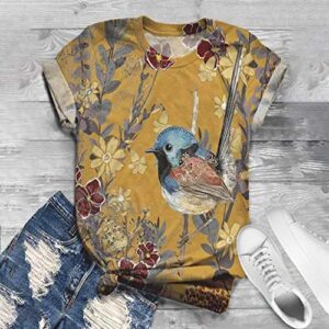 Women's Short Sleeve T Shirt Flower Print O-Neck T-Shirt Blouse Casual Vintage Graphic Tee Tops Yellow