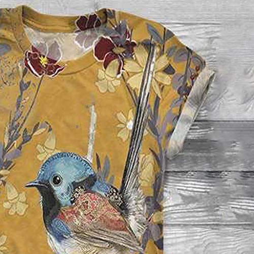 Women's Short Sleeve T Shirt Flower Print O-Neck T-Shirt Blouse Casual Vintage Graphic Tee Tops Yellow