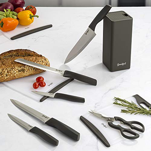 Goodful Premium Knife Set, Sharp High Carbon Stainless Steel Blades with Storage Block, 7 Pieces, Charcoal Gray