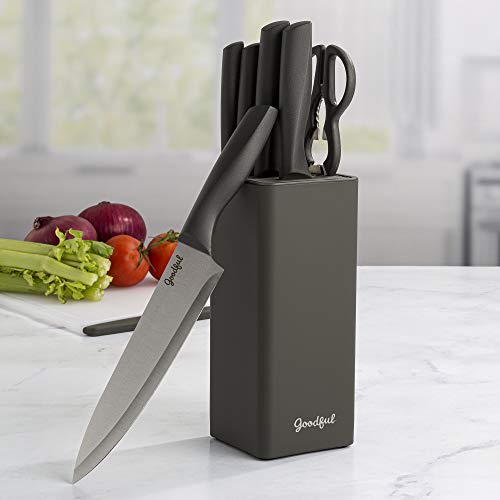 Goodful Premium Knife Set, Sharp High Carbon Stainless Steel Blades with Storage Block, 7 Pieces, Charcoal Gray