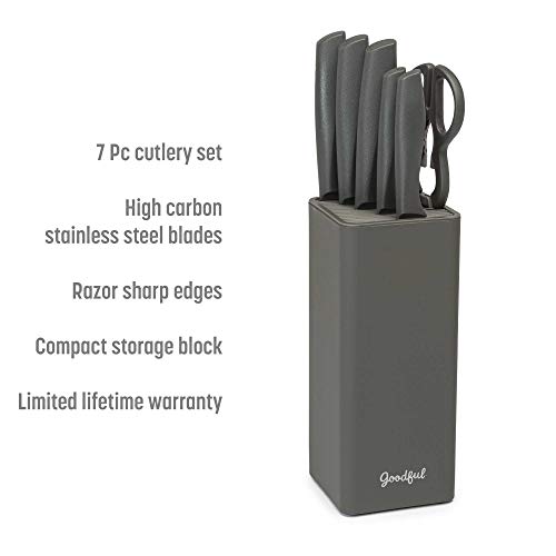 Goodful Premium Knife Set, Sharp High Carbon Stainless Steel Blades with Storage Block, 7 Pieces, Charcoal Gray