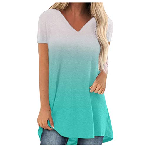 Women's Tunic Tops Short Sleeve Loose V Neck Flowy Gradient Shirts Blouse Casual T Shirt Green