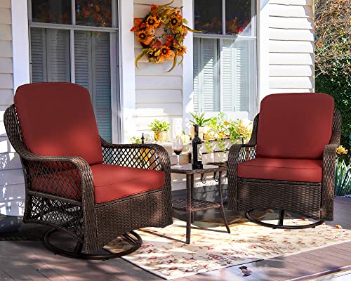 LEISU 3-Pieces Patio Swivel Wicker Bistro Furniture Set with Cushioned Patio Swivel Rocker Swivel Rocking Chairs Set Side Table Outdoor Rattan Conversation Sets (Rust)