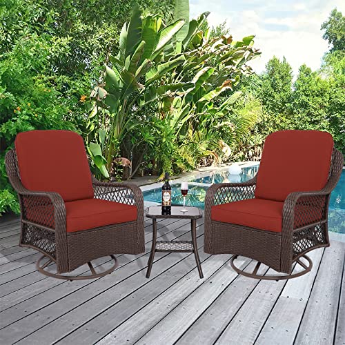 LEISU 3-Pieces Patio Swivel Wicker Bistro Furniture Set with Cushioned Patio Swivel Rocker Swivel Rocking Chairs Set Side Table Outdoor Rattan Conversation Sets (Rust)