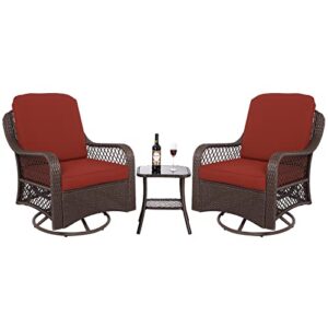 LEISU 3-Pieces Patio Swivel Wicker Bistro Furniture Set with Cushioned Patio Swivel Rocker Swivel Rocking Chairs Set Side Table Outdoor Rattan Conversation Sets (Rust)