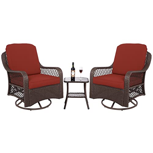 LEISU 3-Pieces Patio Swivel Wicker Bistro Furniture Set with Cushioned Patio Swivel Rocker Swivel Rocking Chairs Set Side Table Outdoor Rattan Conversation Sets (Rust)