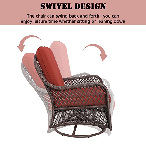 LEISU 3-Pieces Patio Swivel Wicker Bistro Furniture Set with Cushioned Patio Swivel Rocker Swivel Rocking Chairs Set Side Table Outdoor Rattan Conversation Sets (Rust)