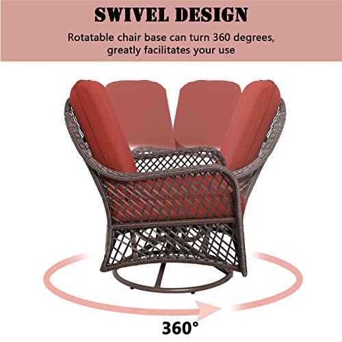 LEISU 3-Pieces Patio Swivel Wicker Bistro Furniture Set with Cushioned Patio Swivel Rocker Swivel Rocking Chairs Set Side Table Outdoor Rattan Conversation Sets (Rust)