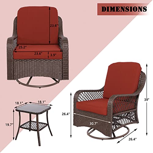 LEISU 3-Pieces Patio Swivel Wicker Bistro Furniture Set with Cushioned Patio Swivel Rocker Swivel Rocking Chairs Set Side Table Outdoor Rattan Conversation Sets (Rust)