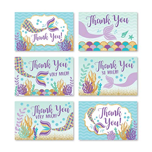 24 Mermaid Baby Shower Thank You Cards With Envelopes, Kids Thank-You Note, 4x6 Gratitude Card Gift For Guest Pack For Party, Birthday, For Boy or Girl Children, Cute Sea Pool Event Stationery