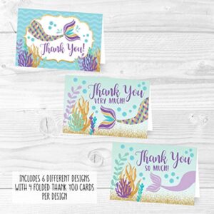 24 Mermaid Baby Shower Thank You Cards With Envelopes, Kids Thank-You Note, 4x6 Gratitude Card Gift For Guest Pack For Party, Birthday, For Boy or Girl Children, Cute Sea Pool Event Stationery