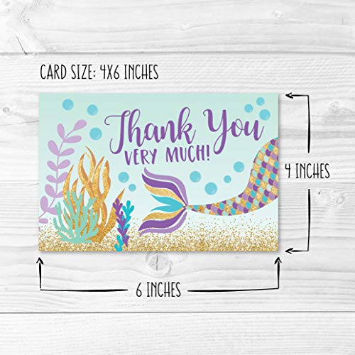 24 Mermaid Baby Shower Thank You Cards With Envelopes, Kids Thank-You Note, 4x6 Gratitude Card Gift For Guest Pack For Party, Birthday, For Boy or Girl Children, Cute Sea Pool Event Stationery