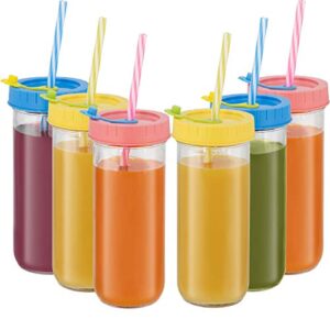 glass drinking bottle travel drinking jars 6 pack, 16oz mason jars regular mouth beverage bottle with airtight lids &straws, reusable water bottle skinny tumbler for juice/smoothies,/kombucha/tea/milk