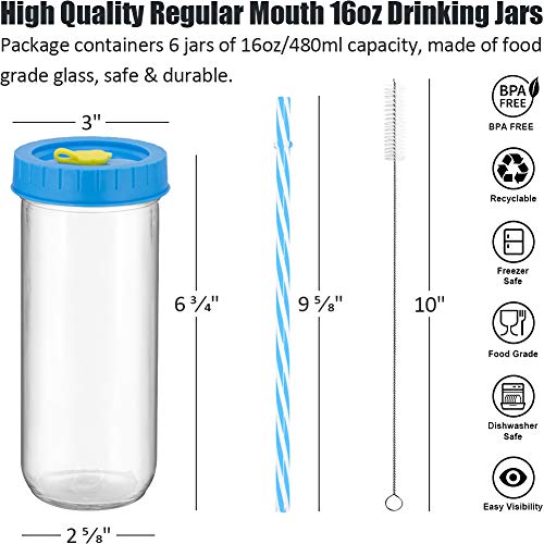 Glass Drinking Bottle Travel Drinking Jars 6 Pack, 16oz Mason Jars Regular Mouth Beverage Bottle with Airtight Lids &Straws, Reusable Water Bottle Skinny Tumbler for Juice/Smoothies,/Kombucha/Tea/Milk