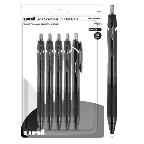 uni-ball Jetstream Elements Retractable Ballpoint Pen 5 Pack in Black with 1.0mm Medium Point Pen Tips, Uni-Super Ink is Smooth, Vibrant, and Protects Against Water, Fading, and Fraud