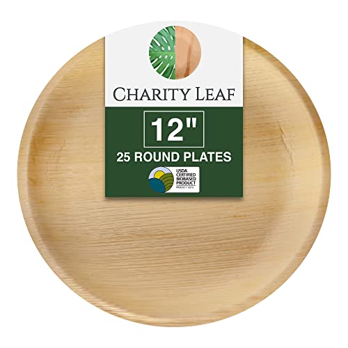 Charity Leaf Disposable Palm Leaf 12" Round Plates (25 pieces) Bamboo Like Serving Platters, Disposable Boards, Eco-Friendly Dinnerware For Weddings, Catering, Events