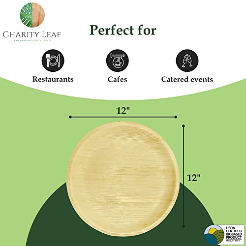 Charity Leaf Disposable Palm Leaf 12" Round Plates (25 pieces) Bamboo Like Serving Platters, Disposable Boards, Eco-Friendly Dinnerware For Weddings, Catering, Events