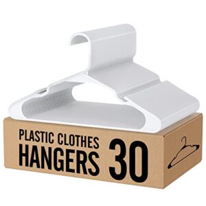 smartor plastic hangers 30 pack, white clothes hangers, durable coat hanger for closet, thick white hangers, notched hangers for adult, hanging shirts, blouses as space saving hangers - white