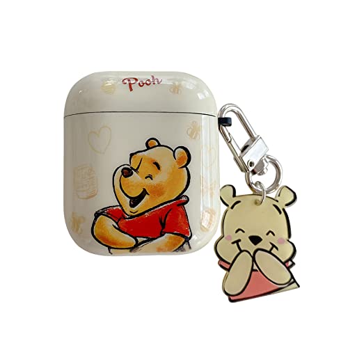 Soft TPU Case with Charm and Keychain for Apple AirPods 1 2 1st 2nd Generation Model Yellow Winnie The Pooh Bear Laugh Cute Lovely Adorable Kawaii Girls Kids Boys