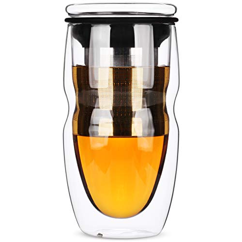 BTAT- Double Wall Glass Tea Cup With Stainless Steel Infuser, 500ml 16oz Glass, Tea Cup with Lid, Tea Infuser Cup, Tea Cup with Filter, Tea Cup with Infuser, Tea Gifts for Tea Lover, Mother's Day Gift