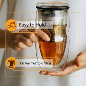 BTAT- Double Wall Glass Tea Cup With Stainless Steel Infuser, 500ml 16oz Glass, Tea Cup with Lid, Tea Infuser Cup, Tea Cup with Filter, Tea Cup with Infuser, Tea Gifts for Tea Lover, Mother's Day Gift