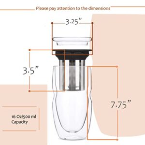 BTAT- Double Wall Glass Tea Cup With Stainless Steel Infuser, 500ml 16oz Glass, Tea Cup with Lid, Tea Infuser Cup, Tea Cup with Filter, Tea Cup with Infuser, Tea Gifts for Tea Lover, Mother's Day Gift