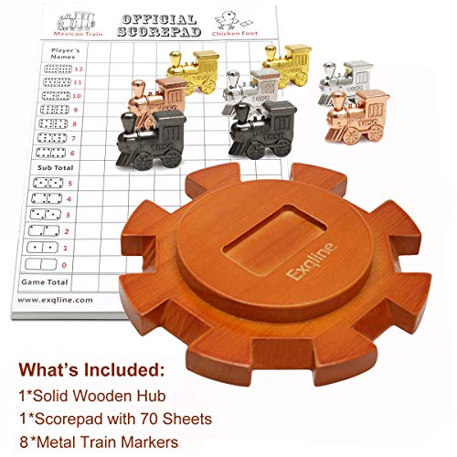 Exqline Mexican Train Dominoes Accessories - with 6.5" Mexican Train Hub Centerpiece, 8 Metal Mexican Train Markers and 70-Sheets Mexican Train Score Pads Great Mexican Train Dominoes Set.