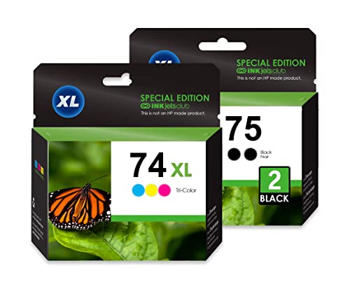 INKjetsclub Remanufactured Ink Cartridge Replacement for 3 Pack - 74 & 75 High Yield Ink Cartridge Value Pack. Includes 2 Black and 1 Color Compatible Ink Cartridges.