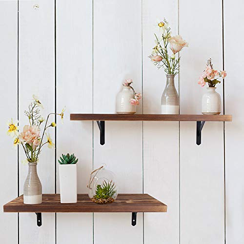 Kosiehouse Floating Shelves, Wall Mounted Rustic Pine Wood Farmhouse Shelf with Brackets Storage Rack Display Ledge Set of 3 for Bedroom Bathroom Living Room Kitchen Office