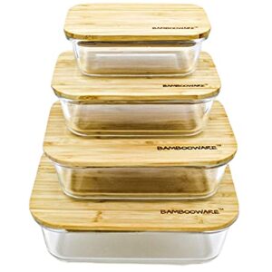 Bambooware Glass Containers with Lids | Non Plastic Glassware Set - Natural Raw Organic Wooden Bamboo Lids | Set of 4 | Reusable, BPA Free | Perfect for Meal Prep, Lunch, Leftovers, Kitchen