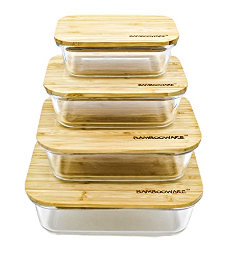 Bambooware Glass Containers with Lids | Non Plastic Glassware Set - Natural Raw Organic Wooden Bamboo Lids | Set of 4 | Reusable, BPA Free | Perfect for Meal Prep, Lunch, Leftovers, Kitchen