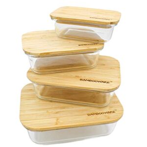 Bambooware Glass Containers with Lids | Non Plastic Glassware Set - Natural Raw Organic Wooden Bamboo Lids | Set of 4 | Reusable, BPA Free | Perfect for Meal Prep, Lunch, Leftovers, Kitchen