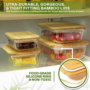 Bambooware Glass Containers with Lids | Non Plastic Glassware Set - Natural Raw Organic Wooden Bamboo Lids | Set of 4 | Reusable, BPA Free | Perfect for Meal Prep, Lunch, Leftovers, Kitchen