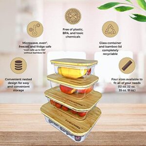 Bambooware Glass Containers with Lids | Non Plastic Glassware Set - Natural Raw Organic Wooden Bamboo Lids | Set of 4 | Reusable, BPA Free | Perfect for Meal Prep, Lunch, Leftovers, Kitchen