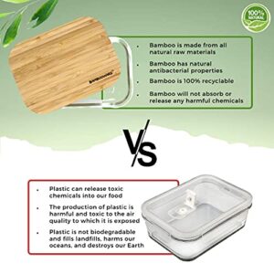 Bambooware Glass Containers with Lids | Non Plastic Glassware Set - Natural Raw Organic Wooden Bamboo Lids | Set of 4 | Reusable, BPA Free | Perfect for Meal Prep, Lunch, Leftovers, Kitchen