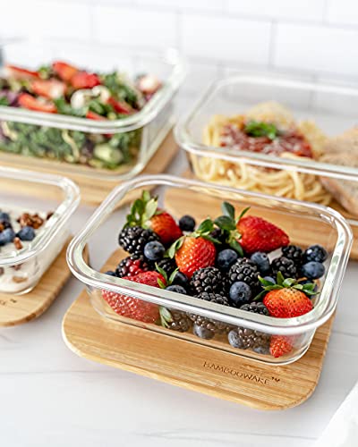 Bambooware Glass Containers with Lids | Non Plastic Glassware Set - Natural Raw Organic Wooden Bamboo Lids | Set of 4 | Reusable, BPA Free | Perfect for Meal Prep, Lunch, Leftovers, Kitchen