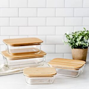 Bambooware Glass Containers with Lids | Non Plastic Glassware Set - Natural Raw Organic Wooden Bamboo Lids | Set of 4 | Reusable, BPA Free | Perfect for Meal Prep, Lunch, Leftovers, Kitchen