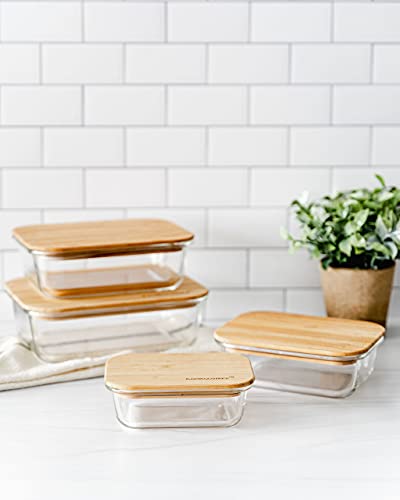 Bambooware Glass Containers with Lids | Non Plastic Glassware Set - Natural Raw Organic Wooden Bamboo Lids | Set of 4 | Reusable, BPA Free | Perfect for Meal Prep, Lunch, Leftovers, Kitchen