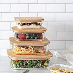 Bambooware Glass Containers with Lids | Non Plastic Glassware Set - Natural Raw Organic Wooden Bamboo Lids | Set of 4 | Reusable, BPA Free | Perfect for Meal Prep, Lunch, Leftovers, Kitchen