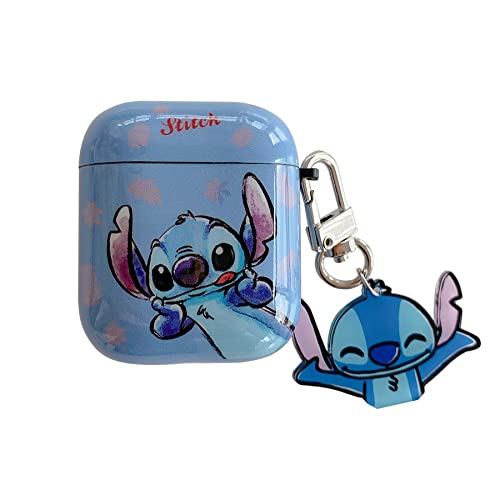 Soft TPU Blue Stitch Case with Charm and Keychain for Apple AirPods 1 2 1st 2nd Generation 2019 Model Funny Face Cute Lovely Adorable Kawaii Girls Kids Women