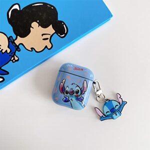 Soft TPU Blue Stitch Case with Charm and Keychain for Apple AirPods 1 2 1st 2nd Generation 2019 Model Funny Face Cute Lovely Adorable Kawaii Girls Kids Women