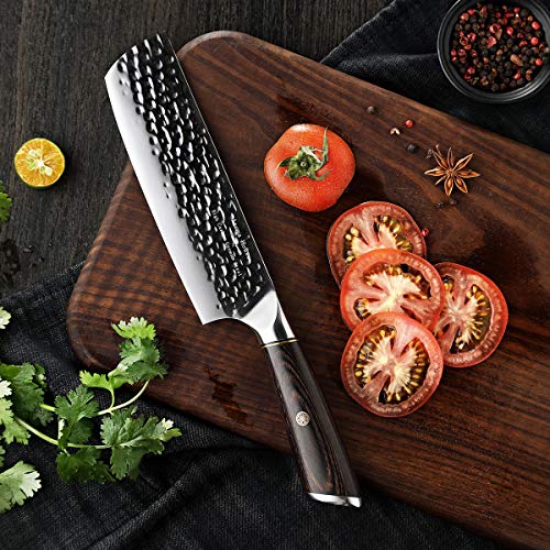 Aroma House Damascus Nakiri Knife 7", Heavy Duty Kitchen Knife for Meat and Vegetable, High Carbon Stainless Steel & Pakkawood Handle, Magnetic Box, Amazing Gift Option.